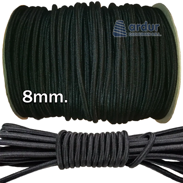 Soga Elastica Reforzada de 8mm en rollos de 100 metros. Color Negro.