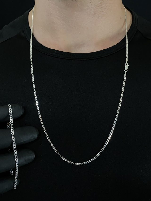 Corrente 70cm 2mm + pulseira 3mm Grumet Escama de peixe Prata 925 Maci